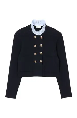 Sandro Double-Breasted Cardigan With Ruffled Collar In Navy Blue